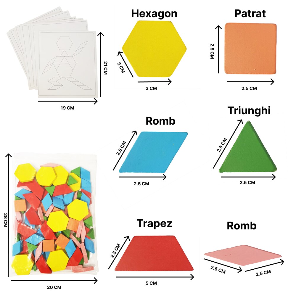 Joc educativ, Tangram cu 250 piese geometrice din lemn si fise de lucru ...