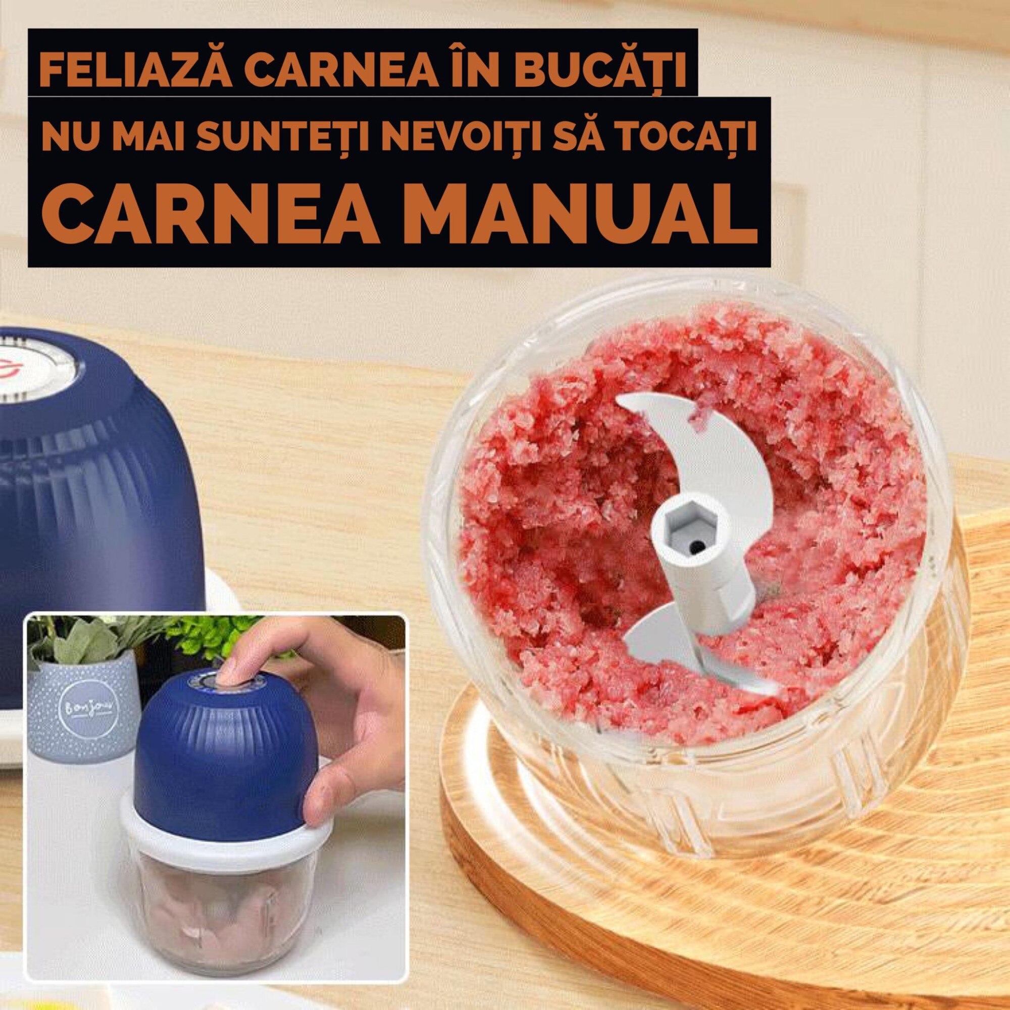 Mini tocator electric pentru carne, multifunctional, 300 ml, albastru ...