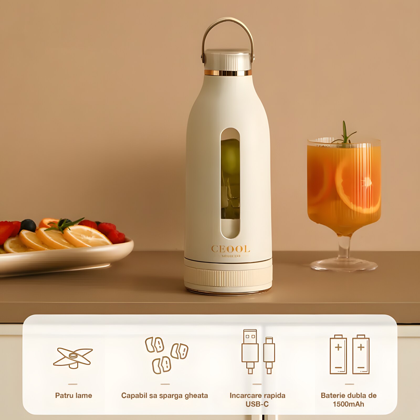 Blender electric portabil, Capacitate 400ml, Patru lame din otel ...