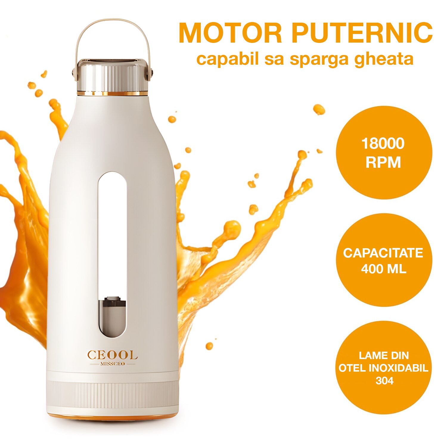 Blender electric portabil, Capacitate 400ml, Patru lame din otel ...