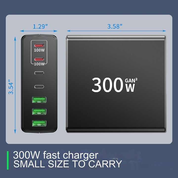 Incarcator retea 300 W USB C GaN, statie de incarcare cu 7 porturi, 2 ...