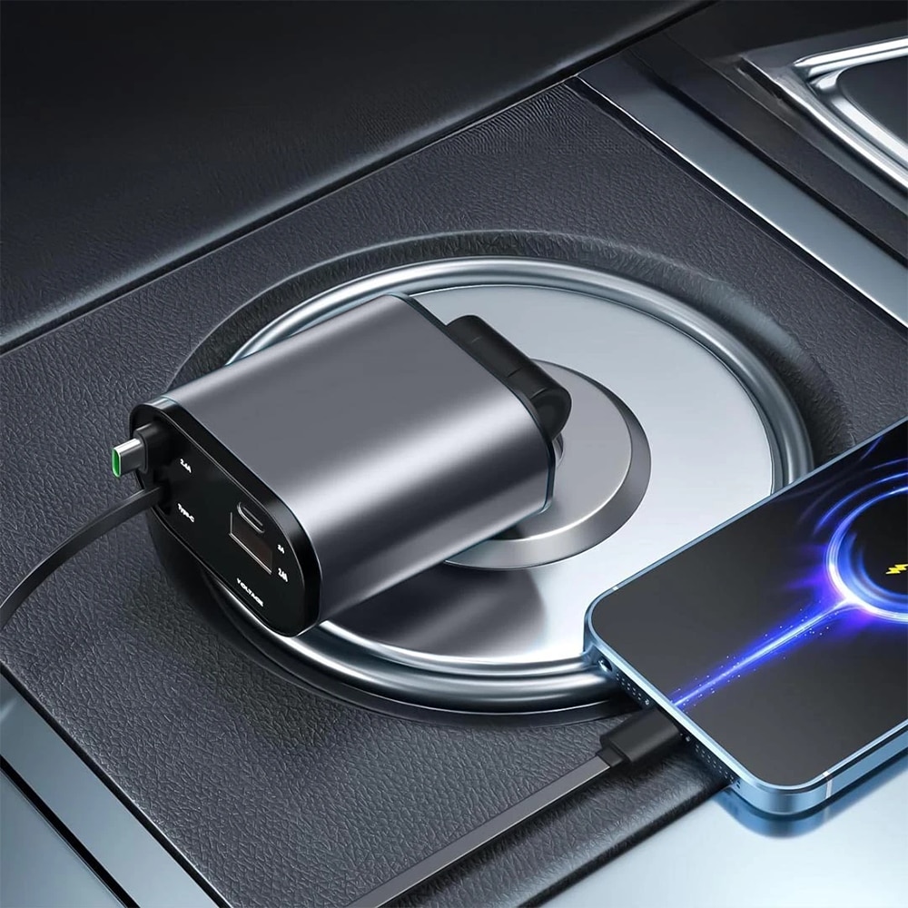 Incarcator auto 4 in 1, 120W, cu cablu retractabil USB-C si Lightning ...