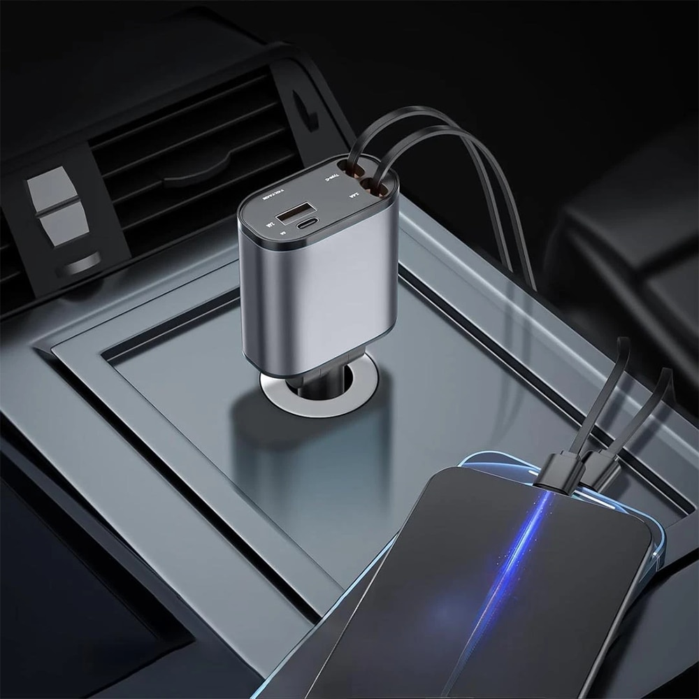 Incarcator auto 4 in 1, 120W, cu cablu retractabil USB-C si Lightning ...