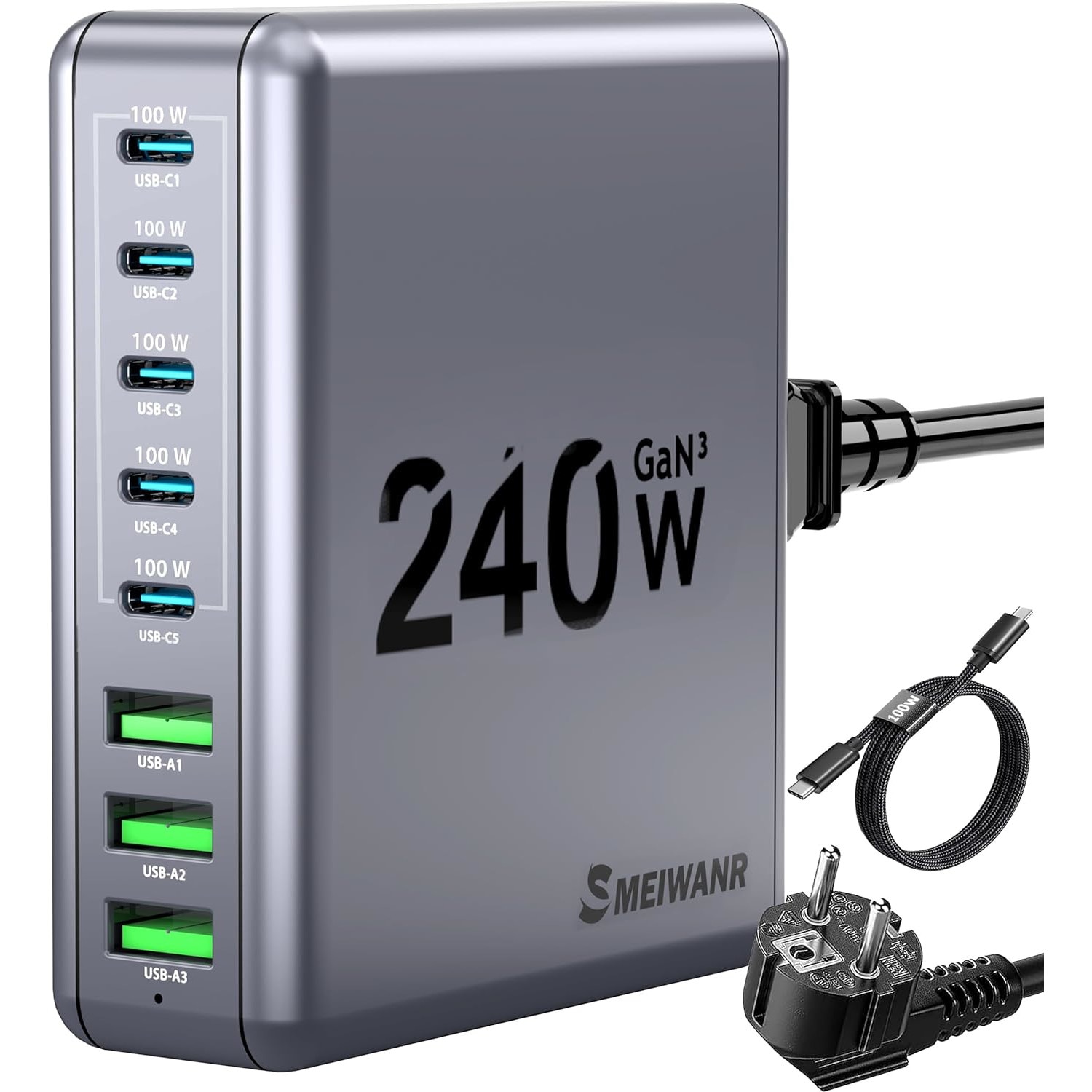 Incarcator retea 240 W USB C GaN, statie de incarcare cu 8 porturi, 5 ...