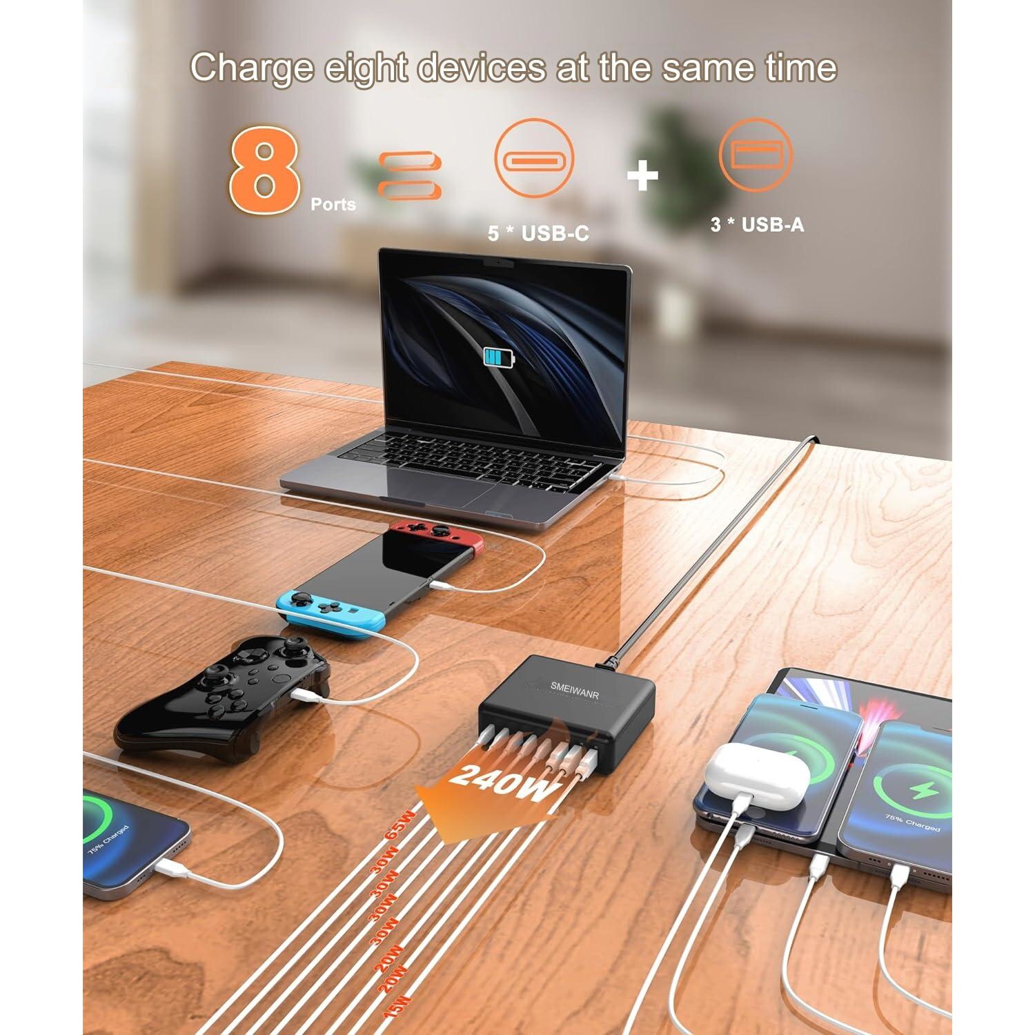 Incarcator retea 240 W USB C GaN, statie de incarcare cu 8 porturi, 5 ...