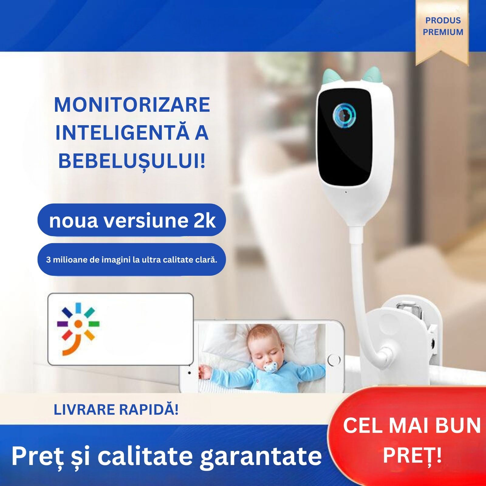 Camera video smart bebelusi Xiaovv, Aplicatie mobila, Monitorizare bebe ...
