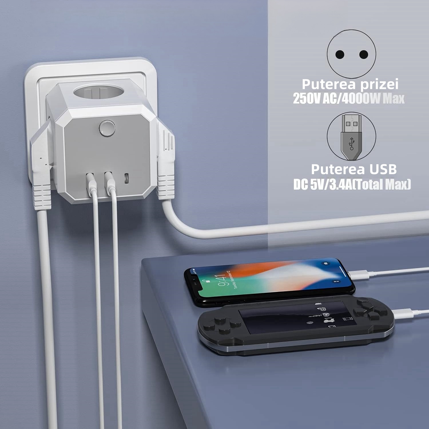 Priza Cube cu USB,4 Prize,2xUSB,1xType C, Incarcare Rapida, Protectie ...