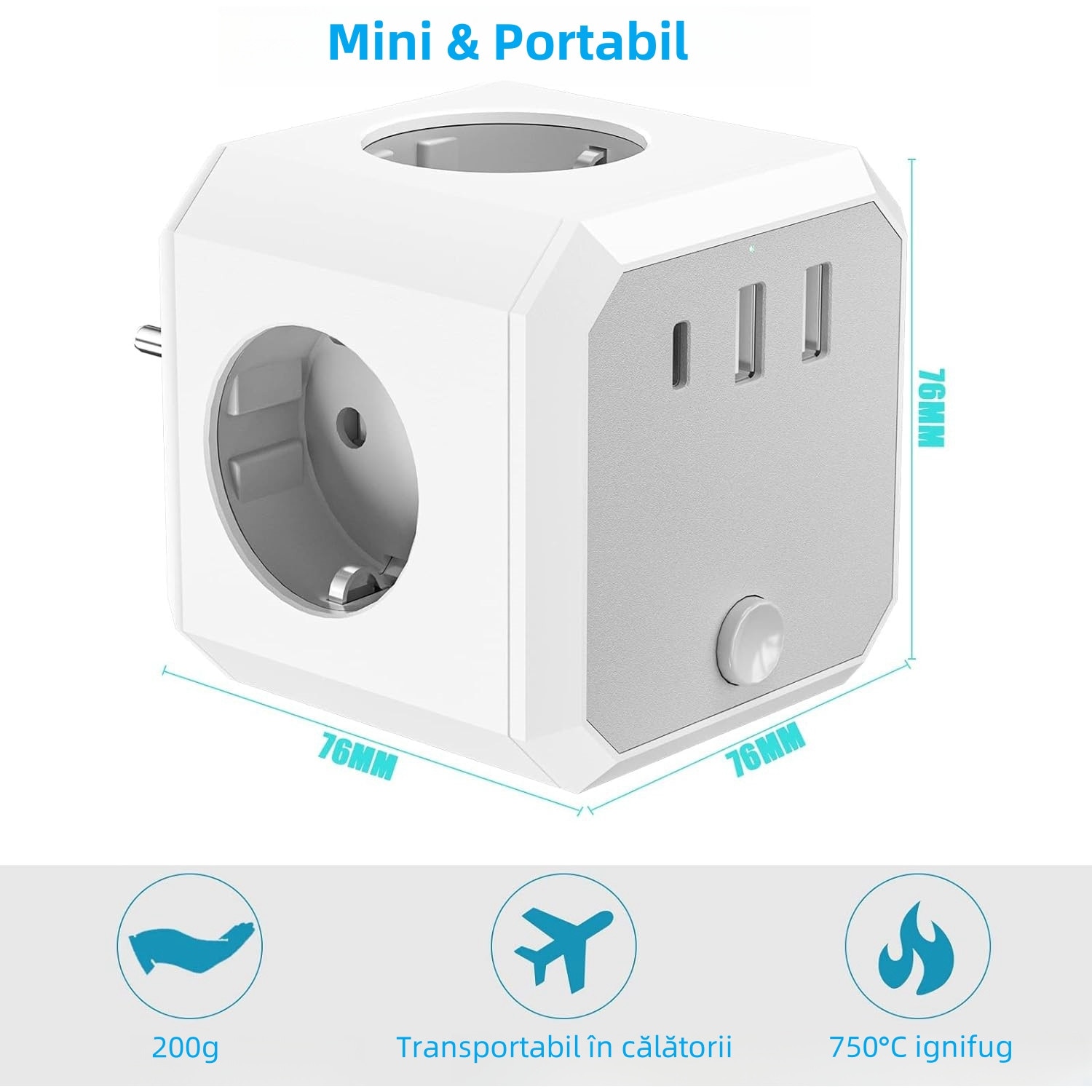 Мултифункционален контакт Cube,4 контакт и 2 USB и 1 Type C, Бързо ...