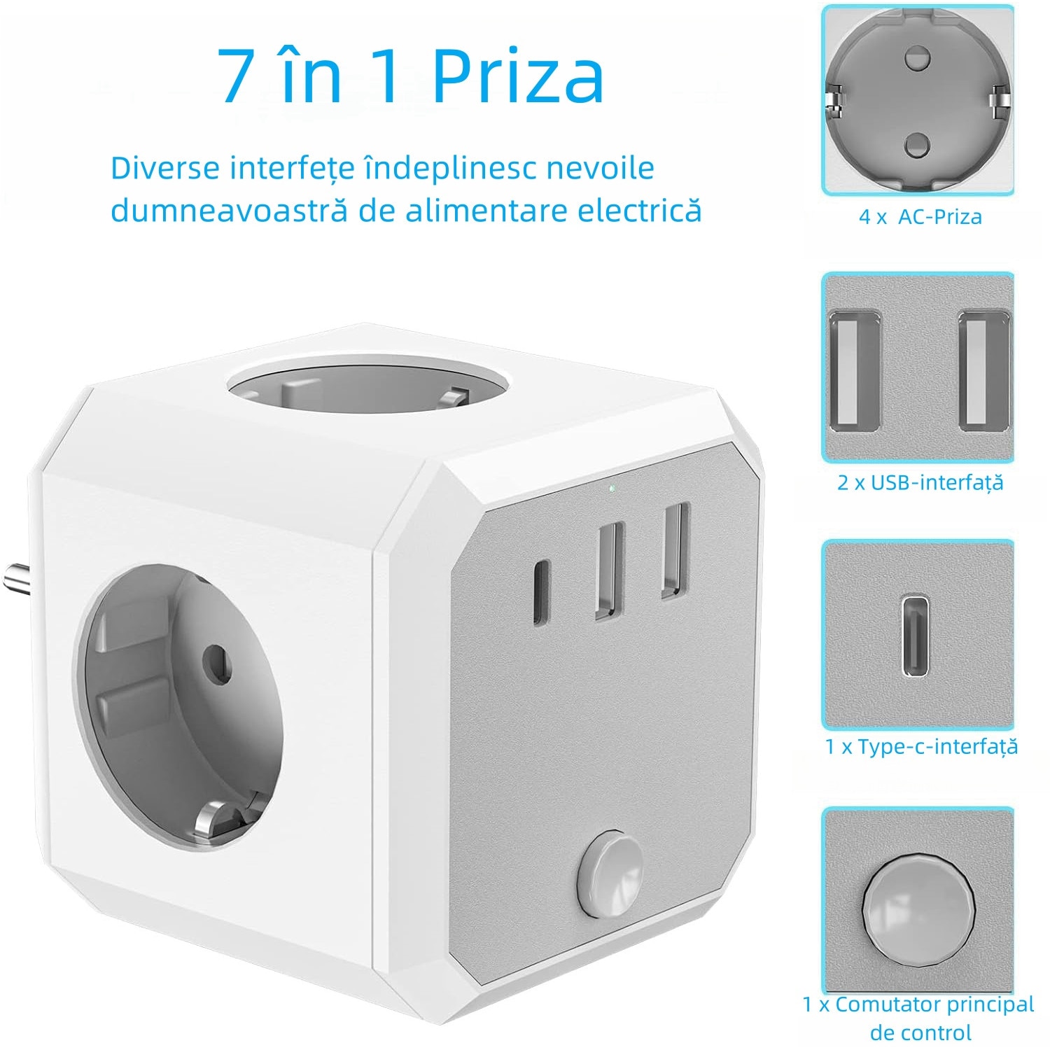 Priza Cube cu USB,4 Prize,2xUSB,1xType C, Incarcare Rapida, Protectie ...