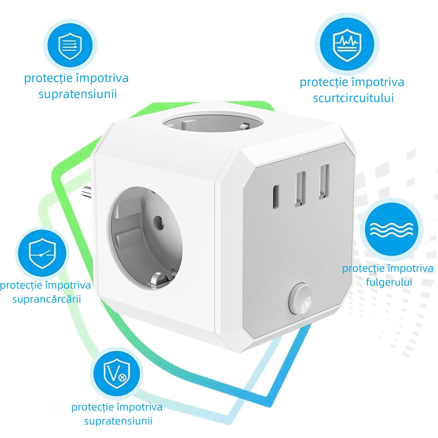 Priza Cube cu USB,4 Prize,2xUSB,1xType C, Incarcare Rapida, Protectie ...