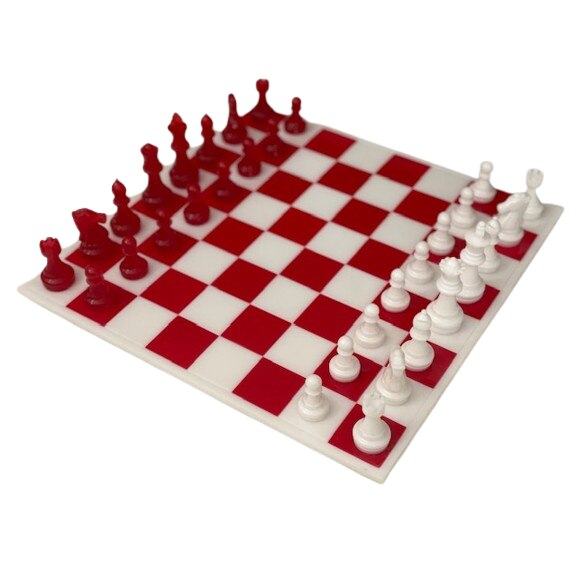 Tabla sah cu 32 piese, handmade, din rasina epoxidica, Rosu cu Alb ...