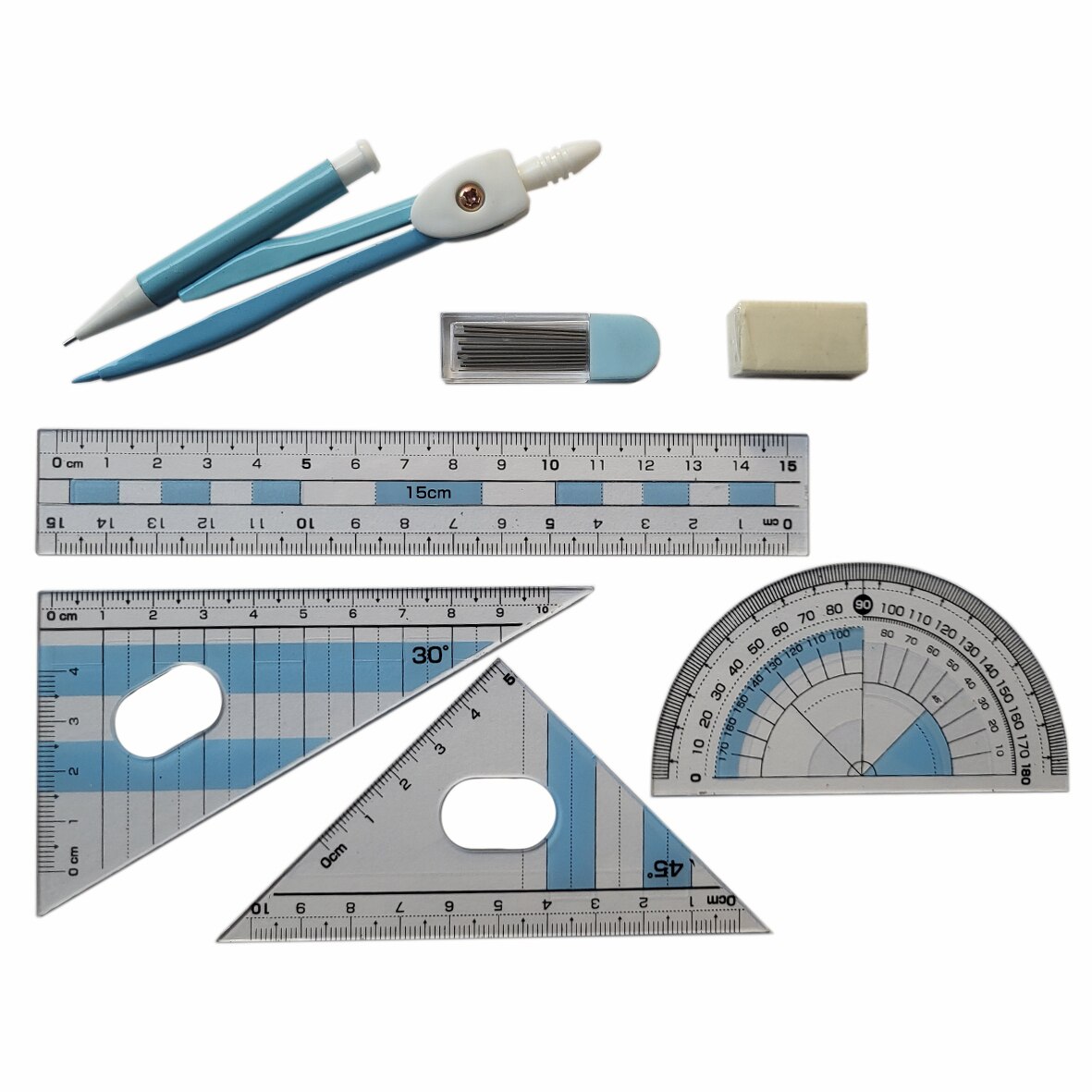 Trusa geometrie plastic 7 piese, cu compas metalic, albastra - eMAG.ro
