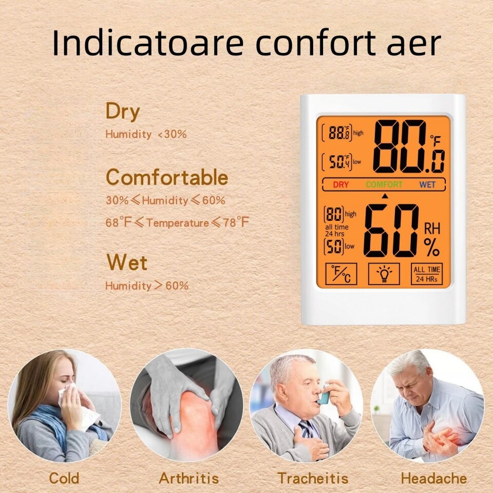 Termometru si higrometru de camera, Ecran 3.4 inch, setari prin ecran ...