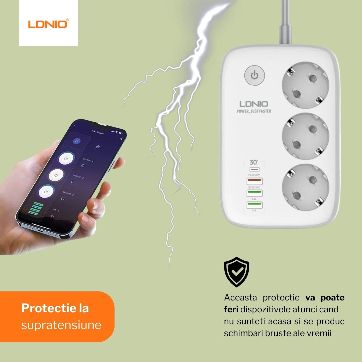 Prelungitor inteligent cu 3 prize - Lndio SEW3452, WIFI, 2500W, 1 x PD ...