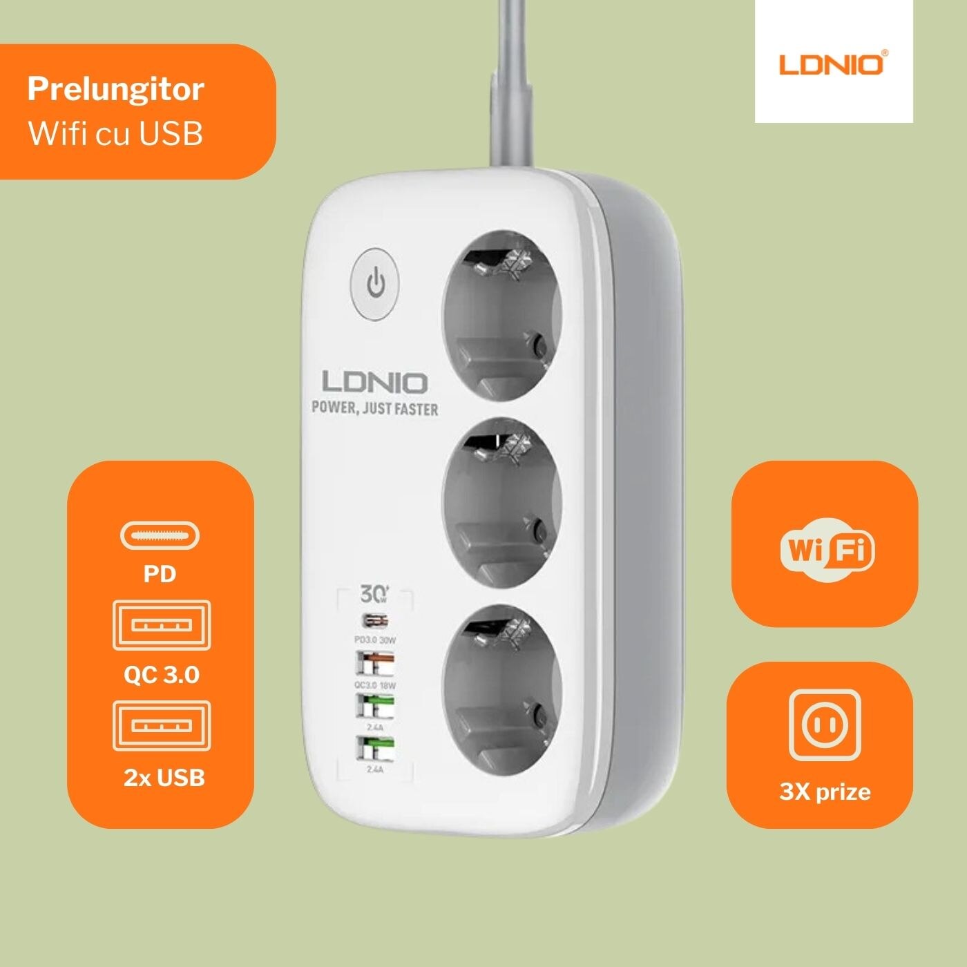 Prelungitor inteligent cu 3 prize - Lndio SEW3452, WIFI, 2500W, 1 x PD ...