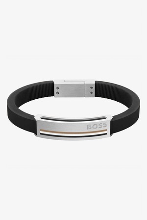 BOSS, Bratara de silicon cu detalii metalice, Negru, Argintiu - eMAG.ro