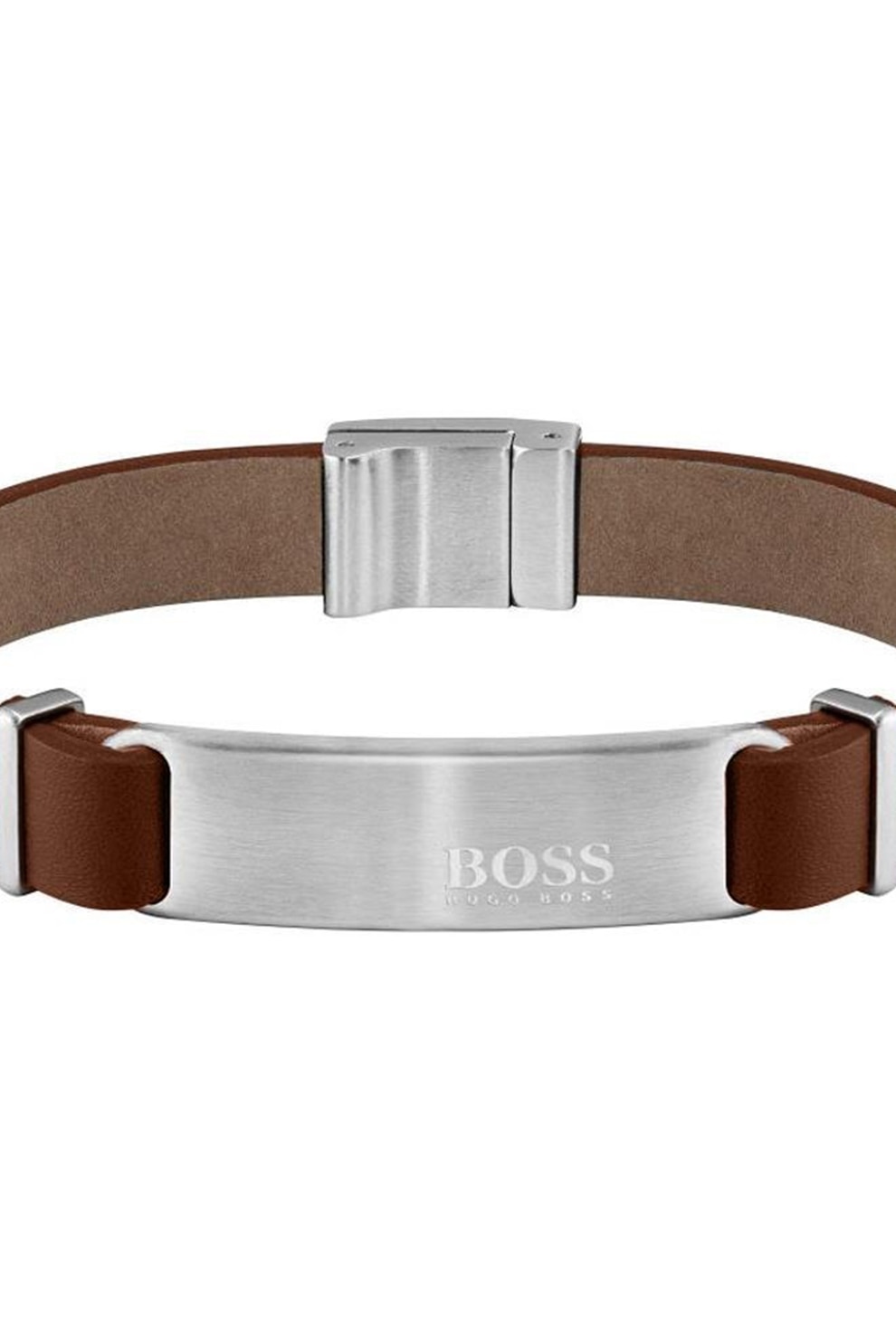 BOSS, Bratara de piele cu detalii metalice, Maro, Argintiu - eMAG.ro