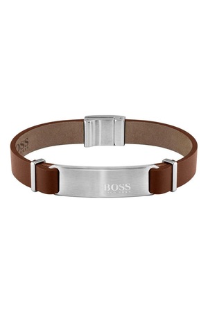 BOSS, Bratara de piele cu detalii metalice, Maro, Argintiu - eMAG.ro