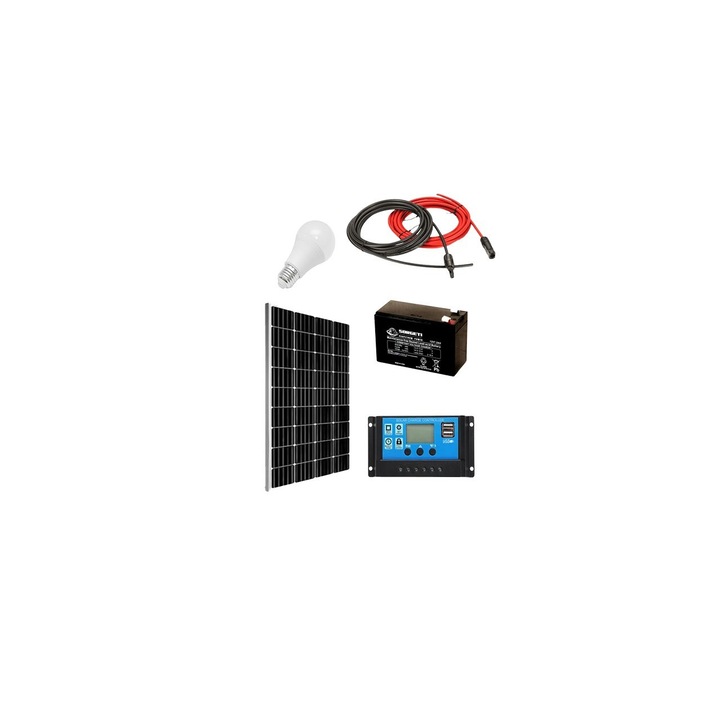 Sistem/kit fotovoltaic panou 120W, controller 20A, conectori, cablu ...
