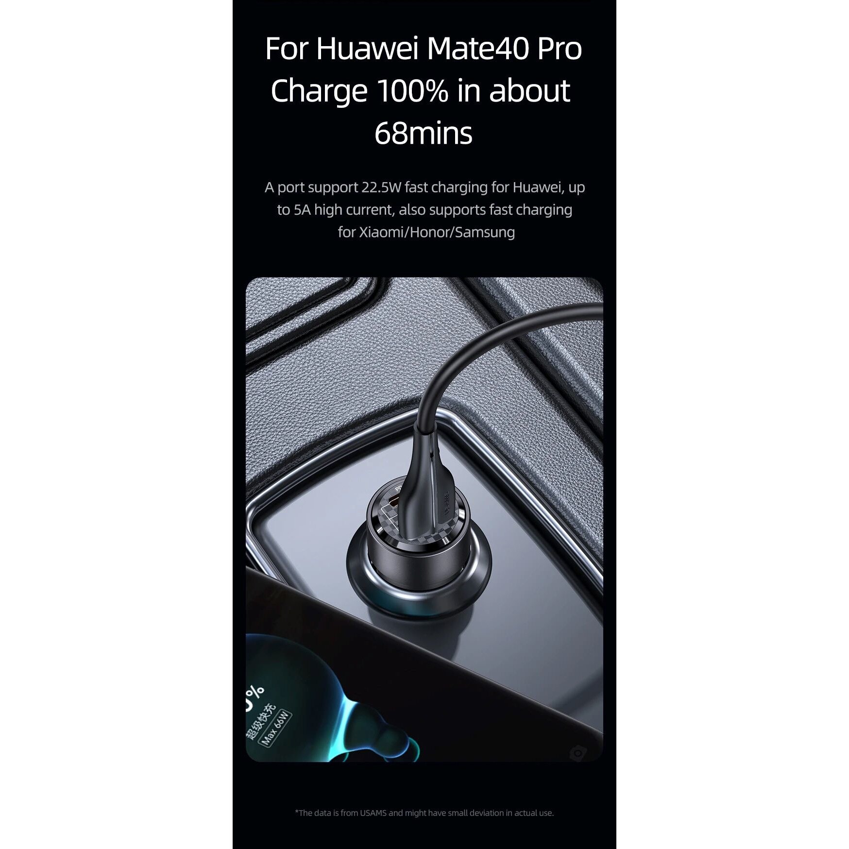 Зарядно устройство за кола, USAMS, US-CC208 C39, 60W, 1 usb C + 1 usb A ...