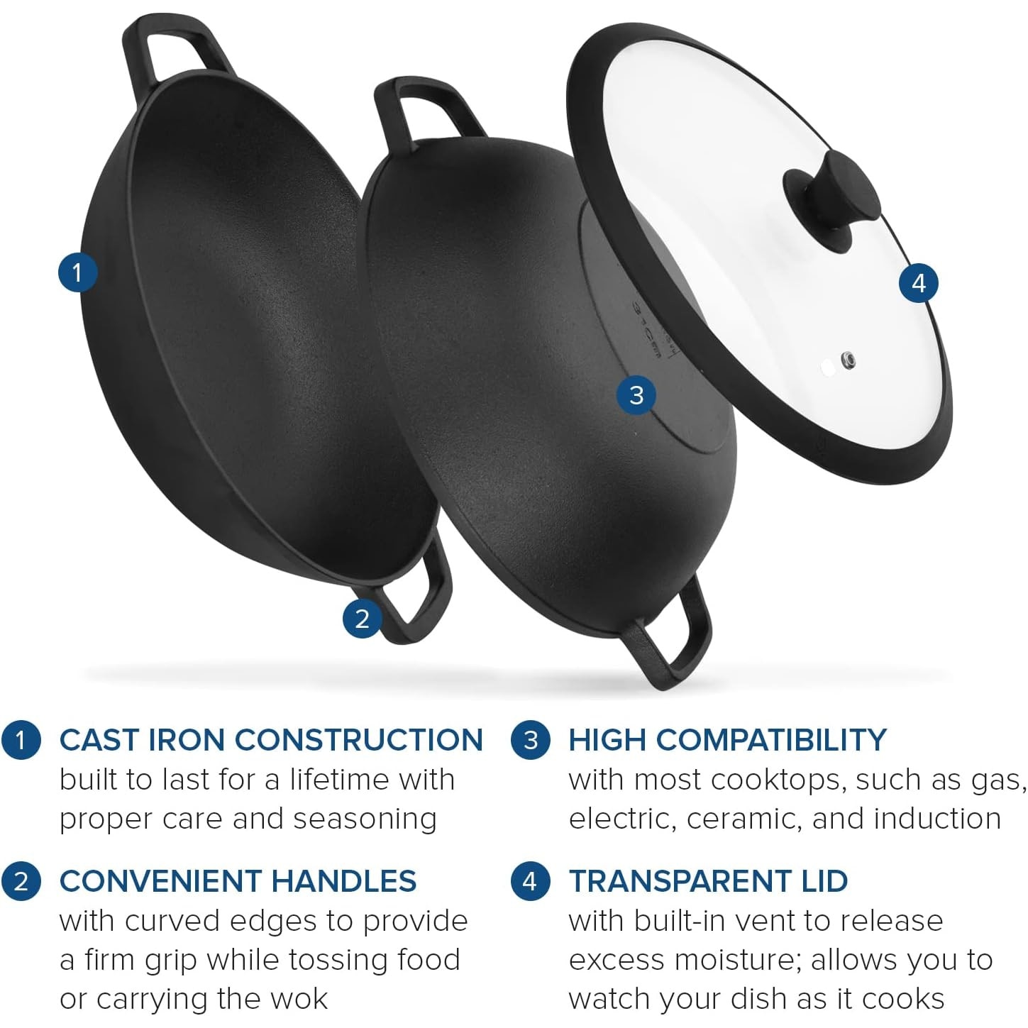 Tigaie Wok din fonta cu capac, 31cm, negru - eMAG.ro