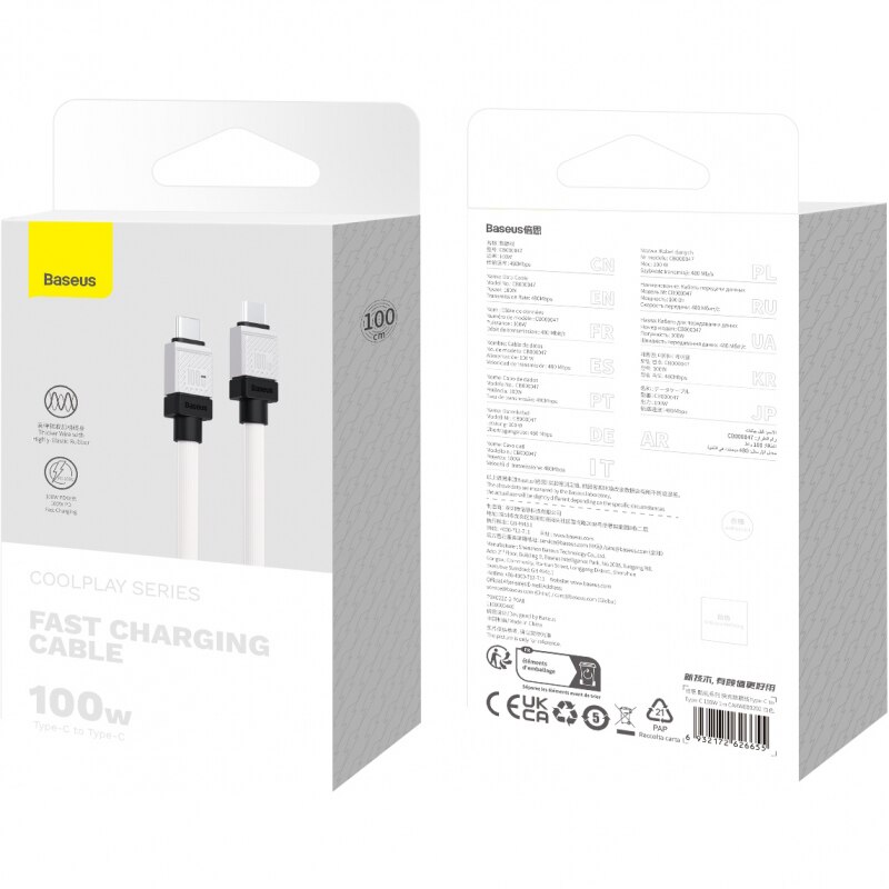 Cablu Baseus Coolplay, USB-C la USB-C, 100W, 1m, Alb - eMAG.ro