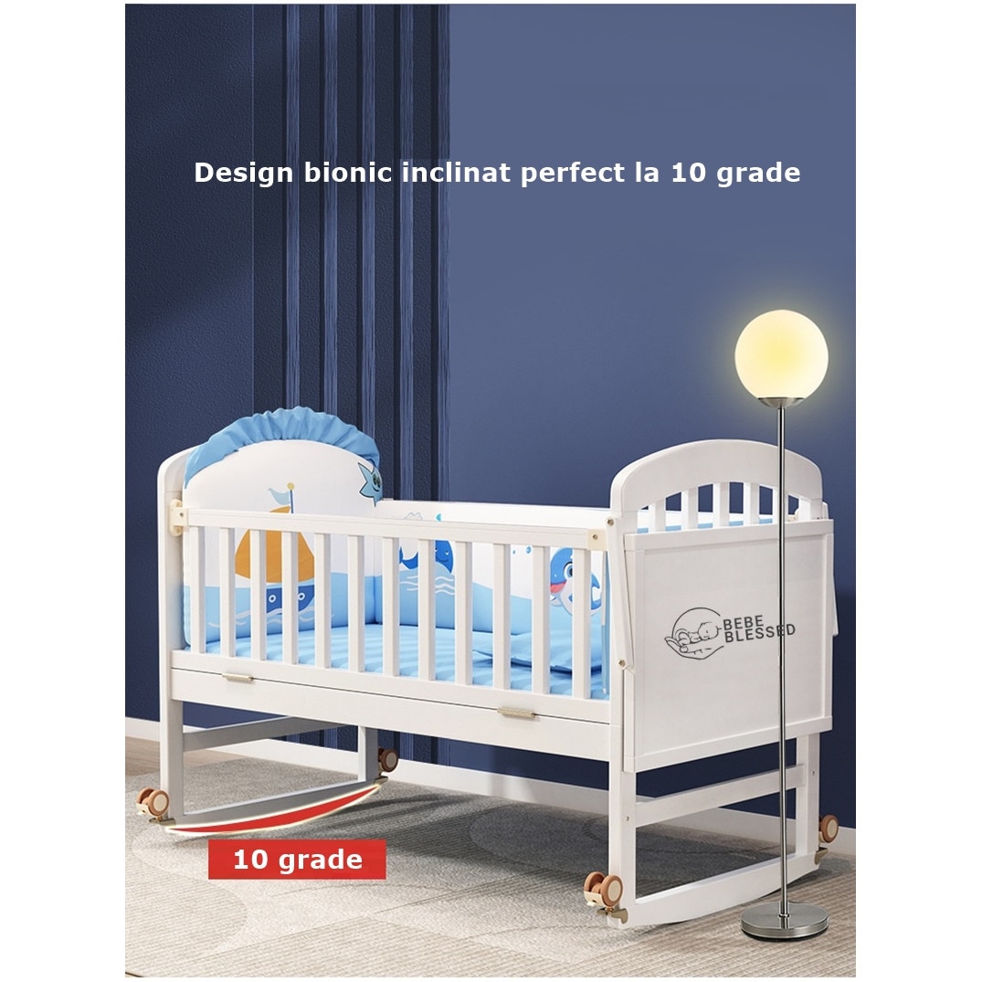 Patut mic pentru copii BebeBlessed, din lemn masiv, cadru alb, stil ...