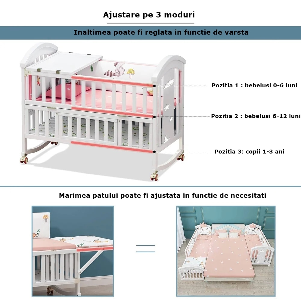 Patut mare pentru copii BebeBlessed, din lemn masiv, cadru alb, stil ...