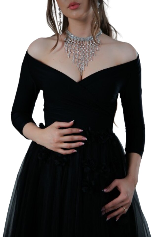 Rochie One Star lunga, tulle, bust din lycra, pe umeri, trandafiri ...