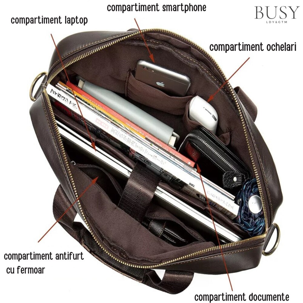 Geanta laptop piele naturala, de umar, BUSY LDY & GTM, premium ...
