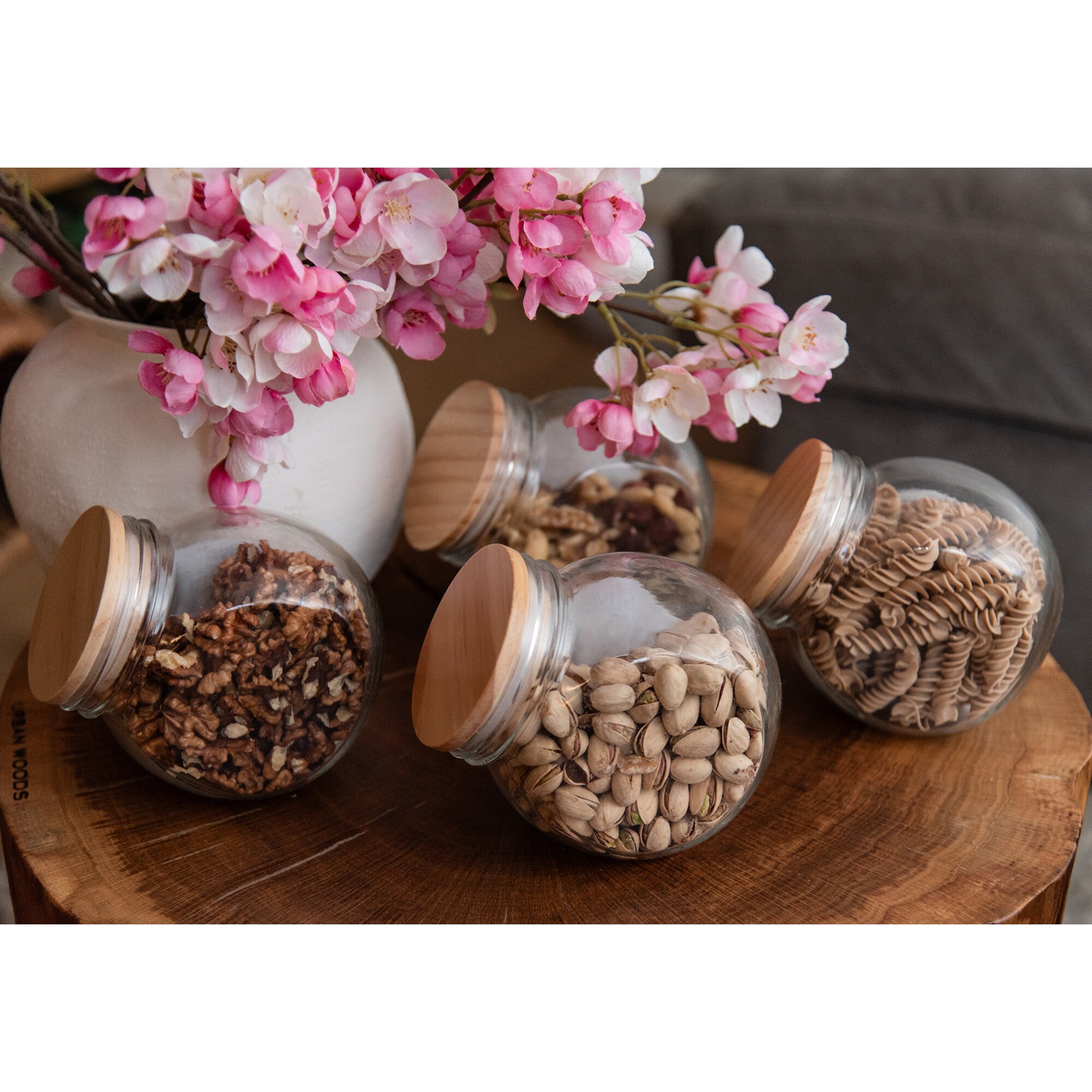 Set 4 borcane de sticla premium cu capace din bambus pentru depozitare ...