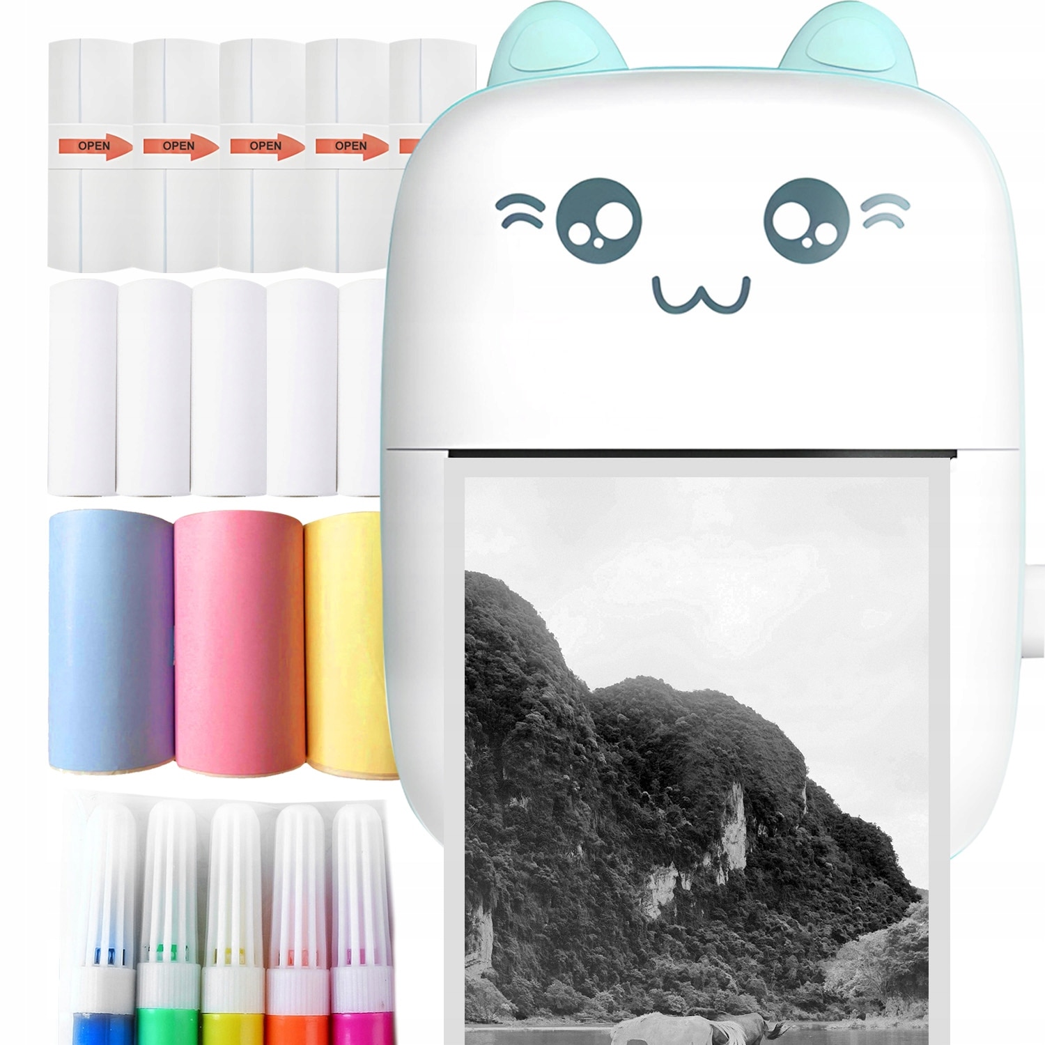 Set Mini imprimanta termica DexXer, 5 Role hartie termica alba, 3 Role ...