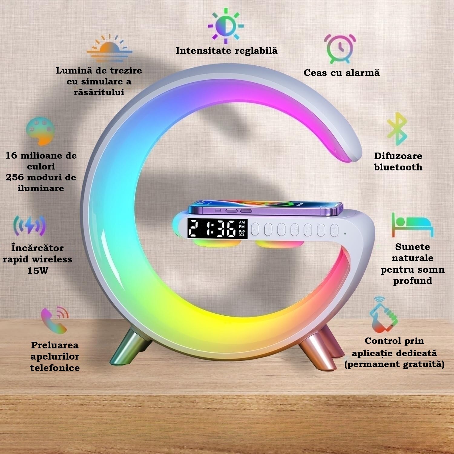 Lampa Smart LED RGB, cu Incarcator fast charging wireless 15 W, Lumina ...