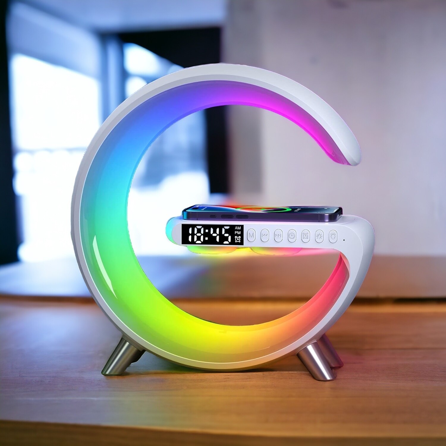 Lampa Smart LED RGB, cu Incarcator fast charging wireless 15 W, Lumina ...