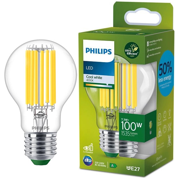 Bec LED Philips A60, E27, 7.3W (100W), 1535 lm, lumina alba rece (4000K ...