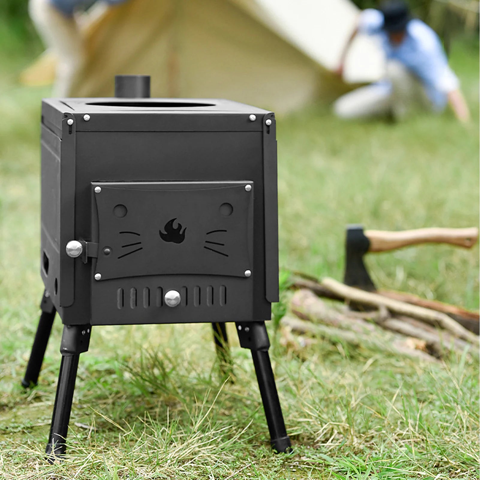 Soba, pentru camping, din lemn, otel, pliabil, cu cos de fum, negru ...
