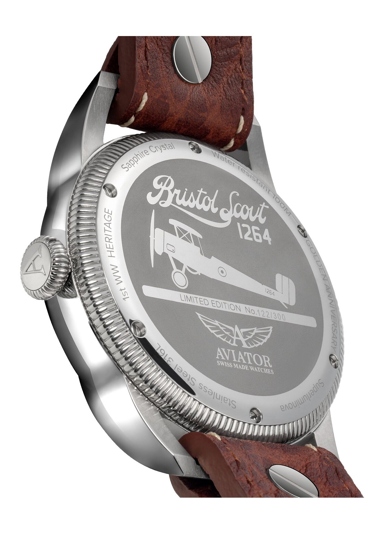 Ceas pentru barbati, Aviator, Model SW 290-1, Inox/piele, Maro/argintiu ...