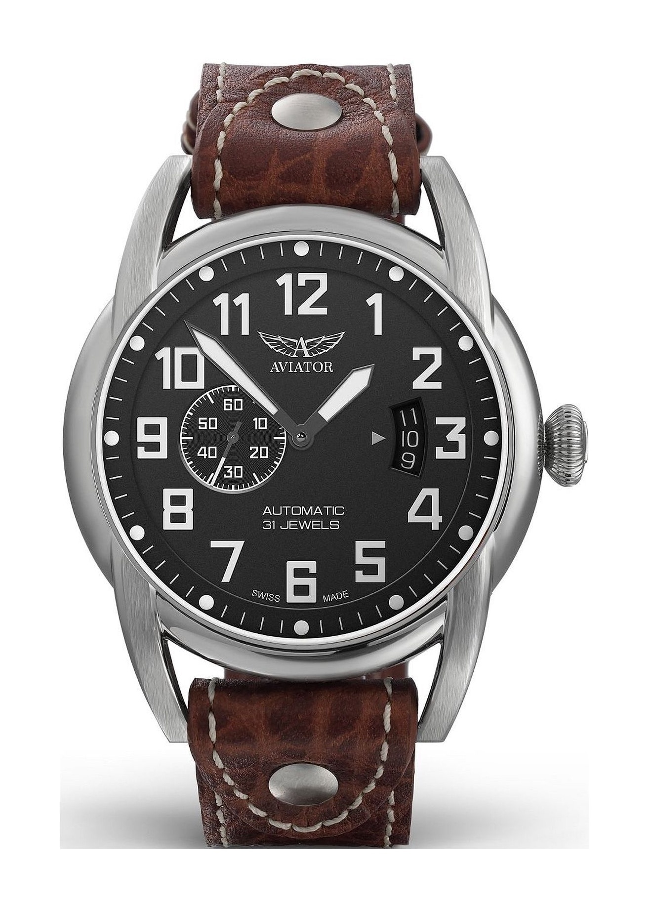 Ceas pentru barbati, Aviator, Model SW 290-1, Inox/piele, Maro/argintiu ...