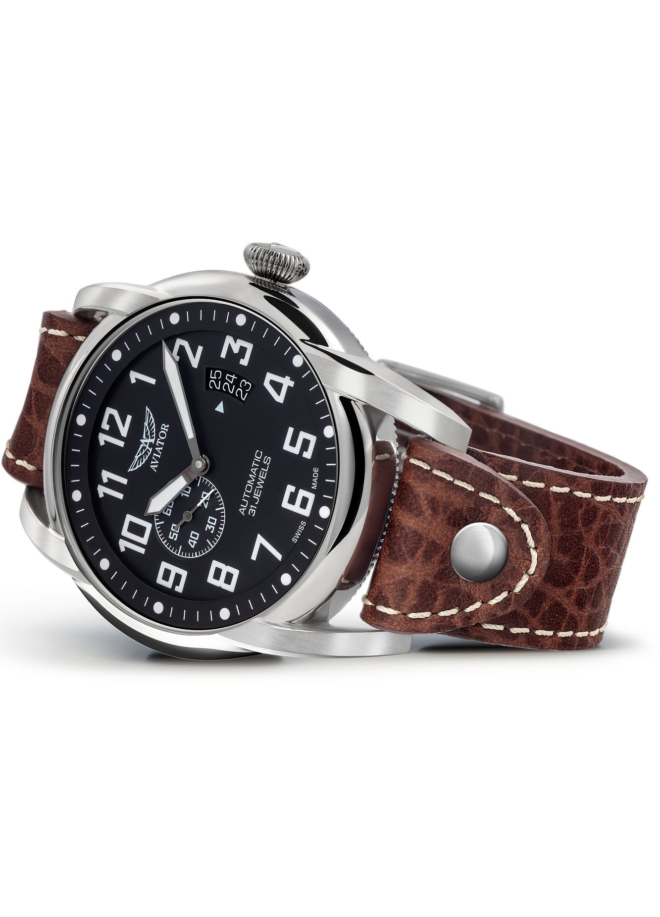 Ceas pentru barbati, Aviator, Model SW 290-1, Inox/piele, Maro/argintiu ...