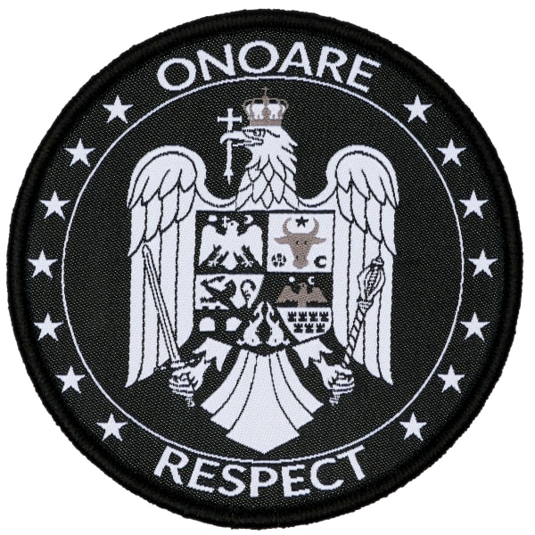 Patch Stema Romaniei, Text Onoare si Respect, Alb Negru, Tesut ...