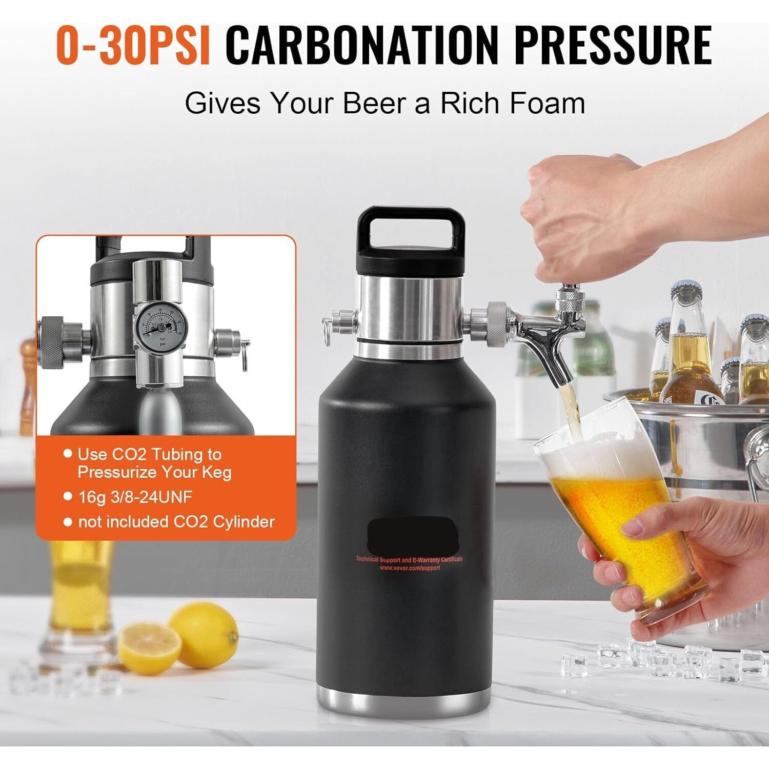 Recipient lichide, din otel inoxidabil, 128oz, 30Psi, afisaj presiune ...