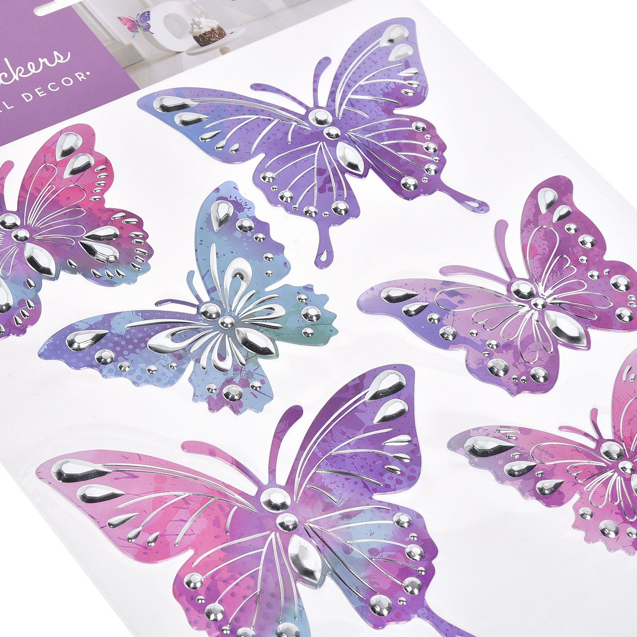 Комплект от 6 Shopiens® 3d декоративни стикера за стена градиентни лилави пеперуди със сребърни