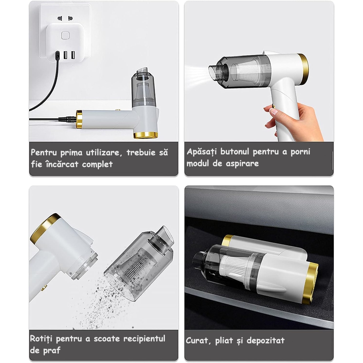 Mini aspirator portabil de mana, reincarcabil, pliabil, fara fir, 120W ...