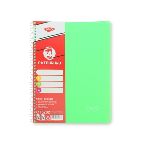 Caiet A4 120 file 4 subiecte coperta plastic DACO, verde neon - eMAG.ro