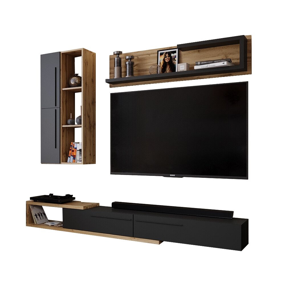 Set living, stejar/antracit, PAL melaminat, masuta TV, raft suspendat ...