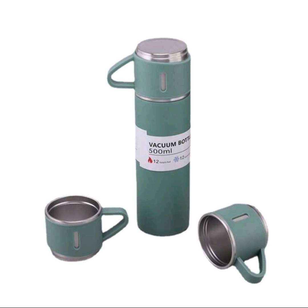 Set Termos, Verde, 500 ml, 3 cani cu maner, termoizolant din otel ...