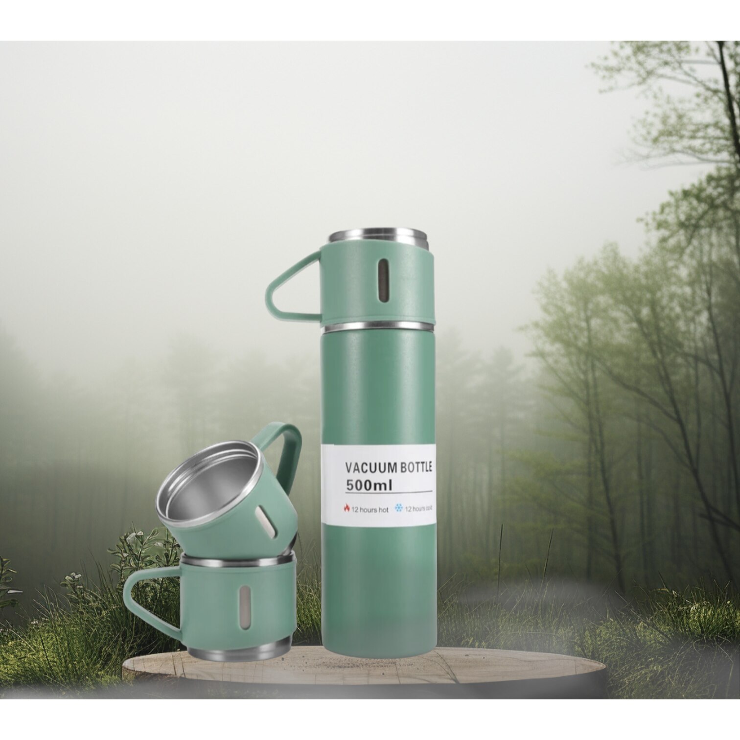 Set Termos, Verde, 500 ml, 3 cani cu maner, termoizolant din otel ...