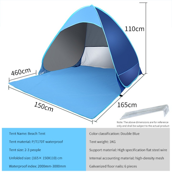 Cort de plaja Anti-UV, Tebnaild, 165x145x110cm, Albastru - eMAG.ro