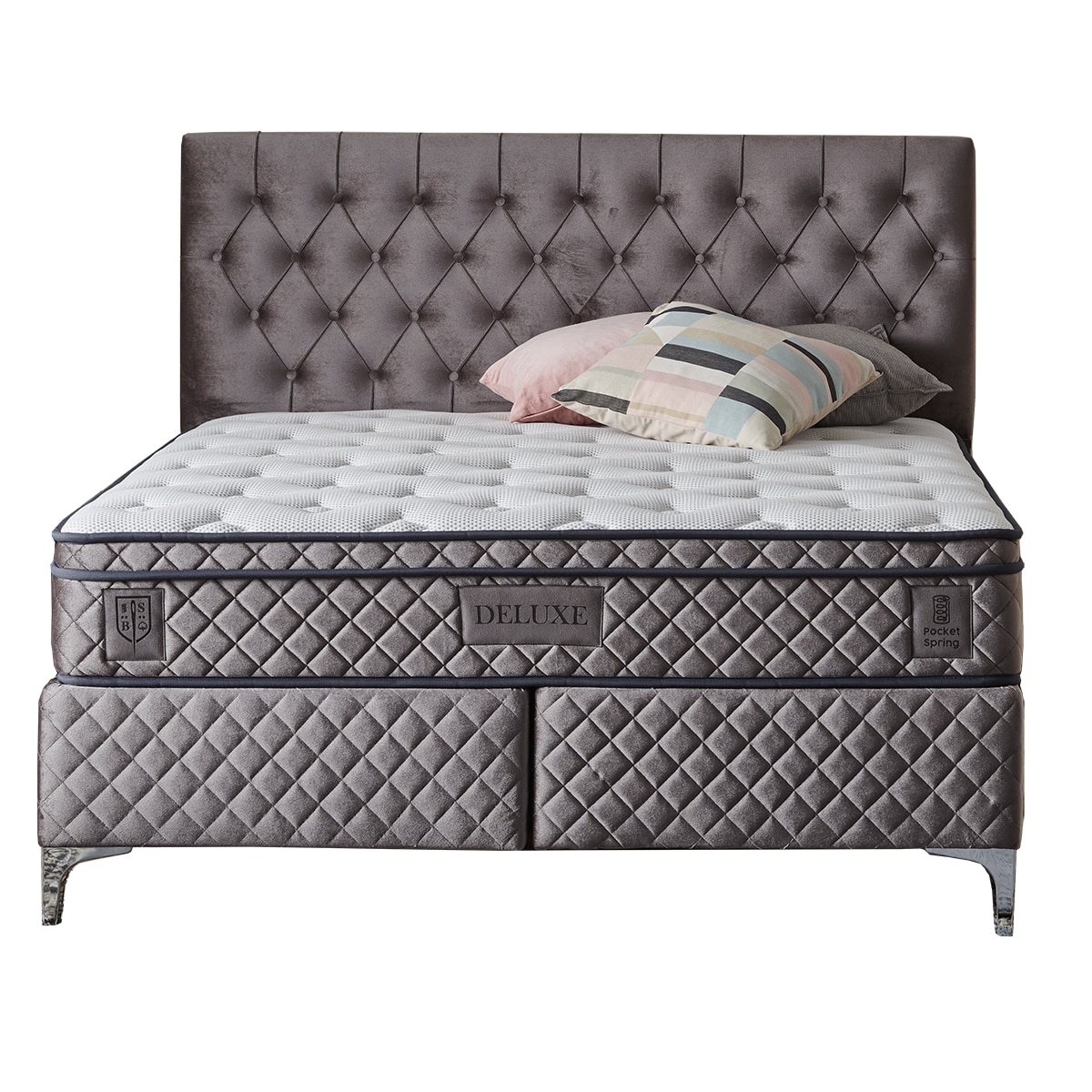 Pat tapitat cu saltea, Deluxe, 160x200, gri - eMAG.ro