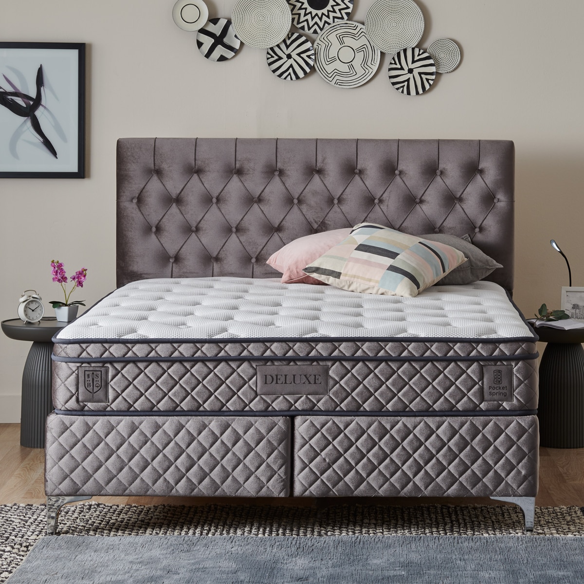 Pat tapitat cu saltea, Deluxe, 160x200, gri - eMAG.ro